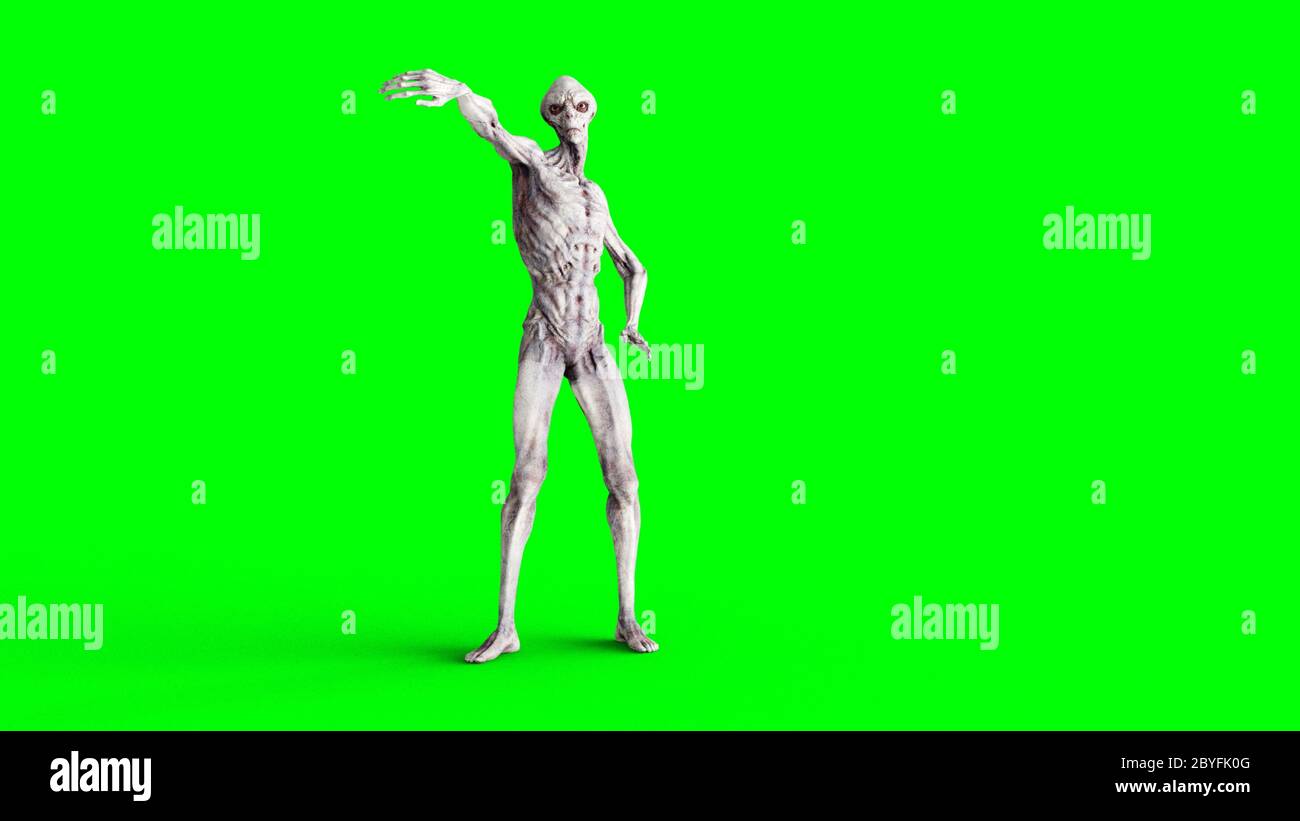 Alien isolate on green screen. UFO concept. Realistic 3d rendering ...