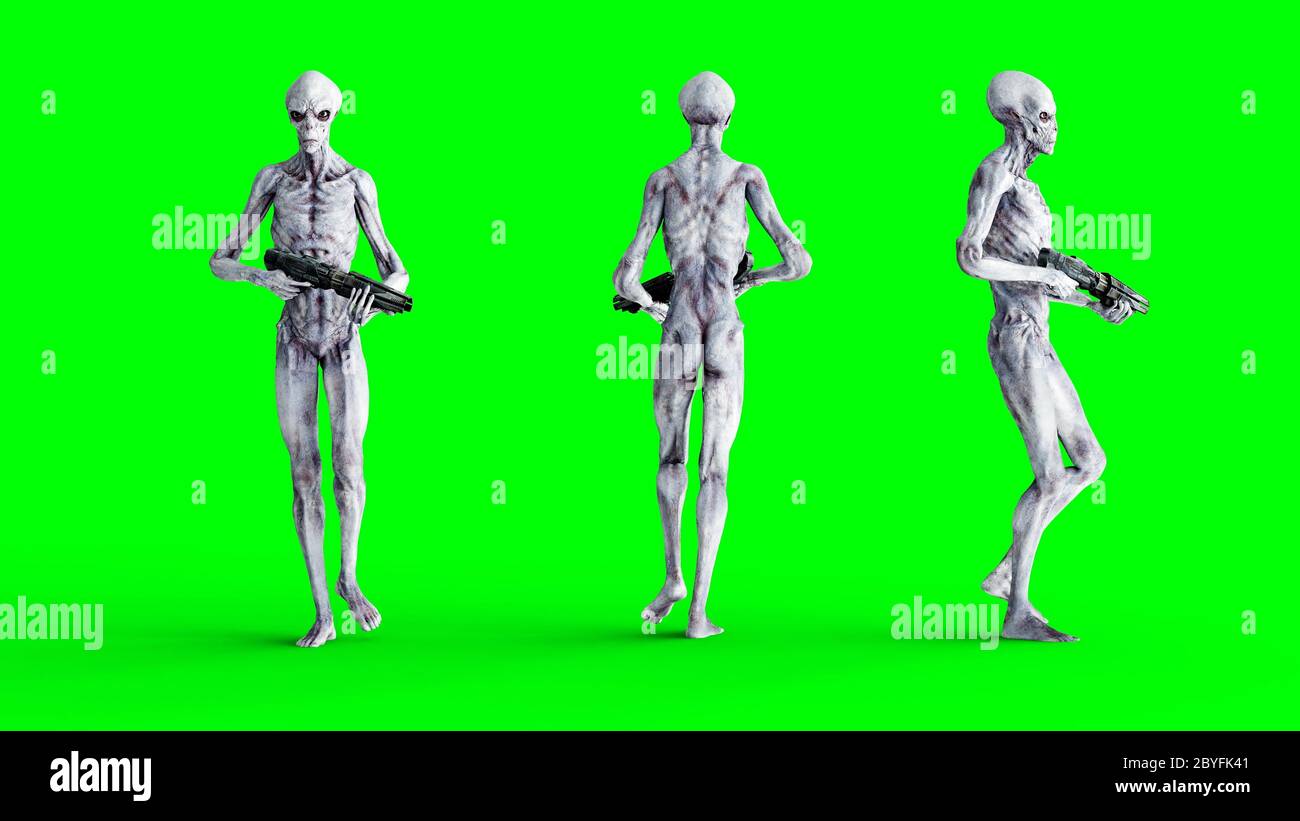 Alien isolate on green screen. UFO concept. Realistic 3d rendering ...