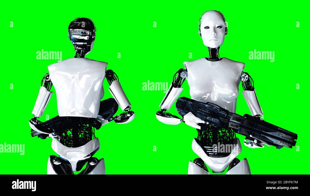 Futuristic humanoid female robot isolate on green screen. Realistic 3d ...
