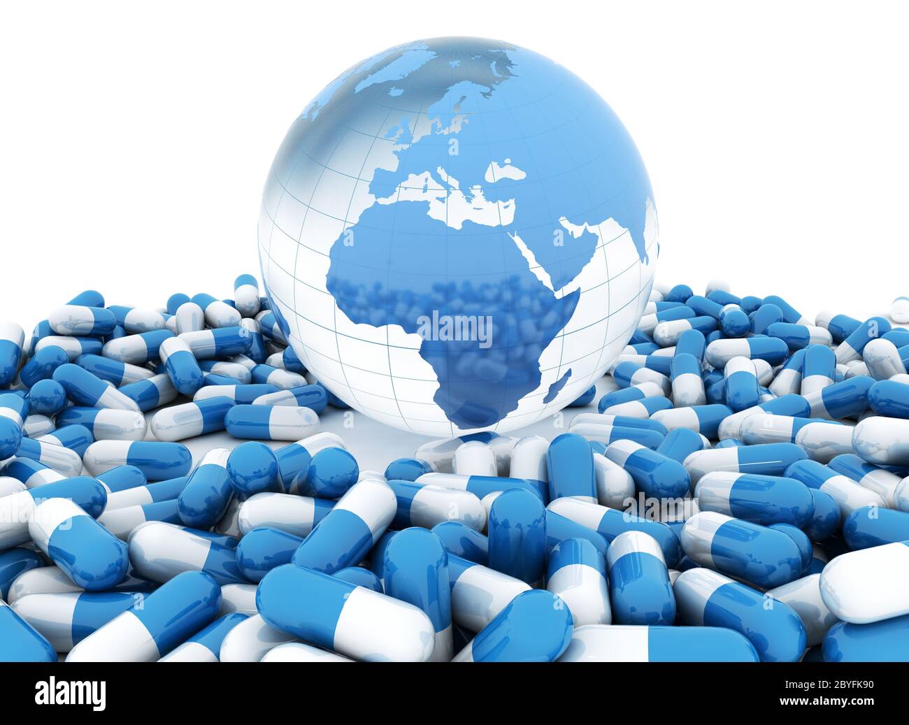World globe with medicines pills and capsules isolated on white ...