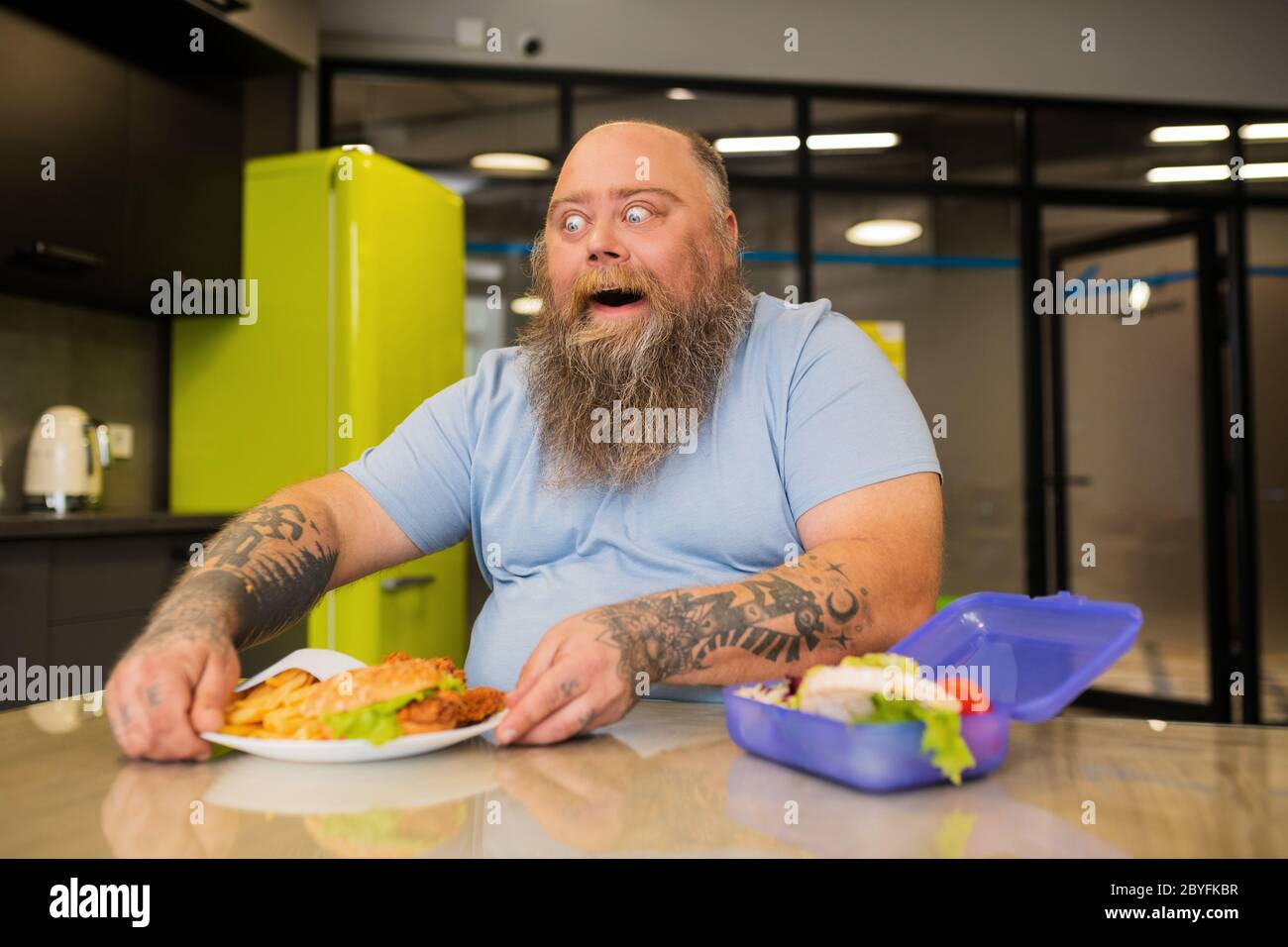 Funny cheerful overweight bald man choosing food Stock Photo - Alamy