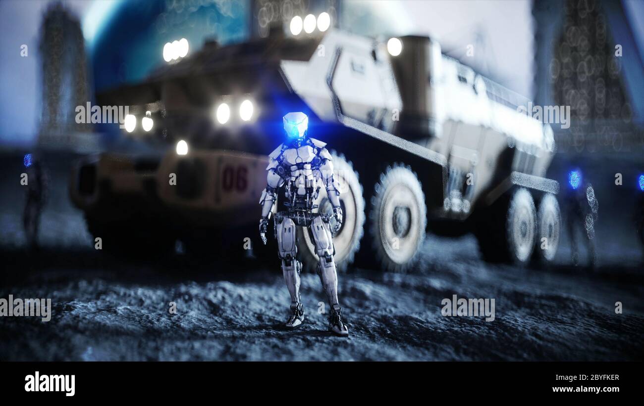 Military car on moon with robots. Moon colony. Earth backround. 3d ...