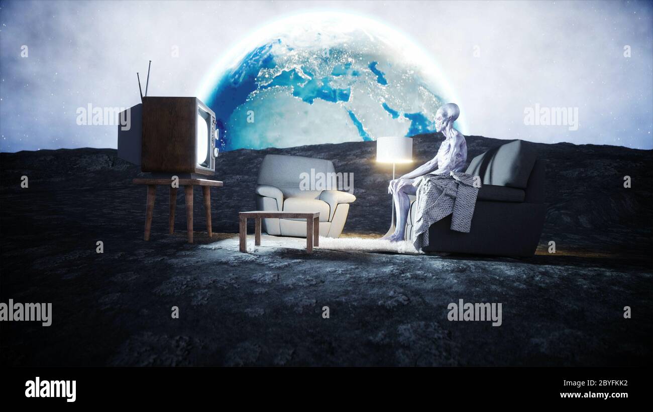 funny alien watching TV on the sofa on the moon. Living on the moon ...
