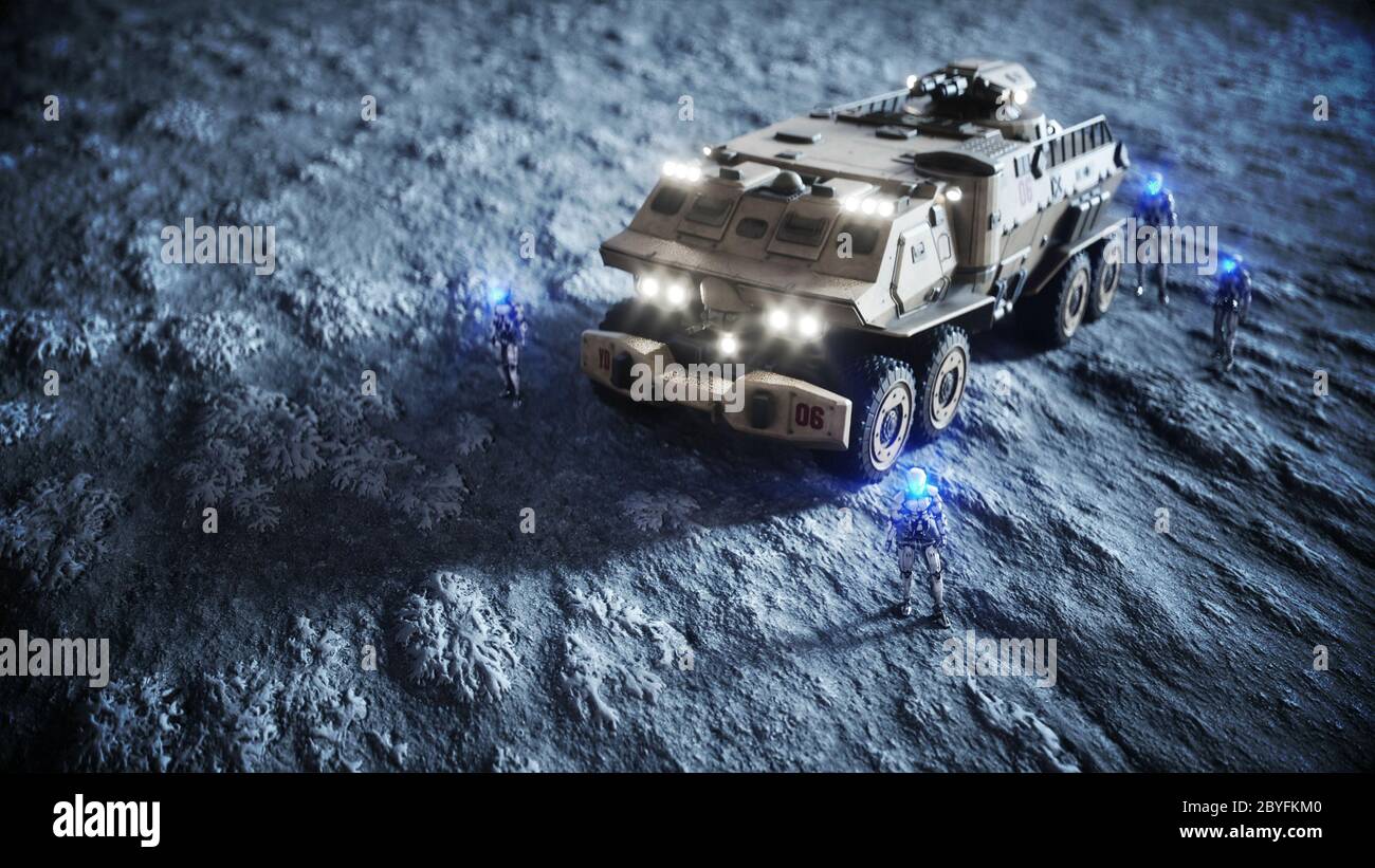 Military car on moon with robots. Moon colony. Earth backround. 3d ...