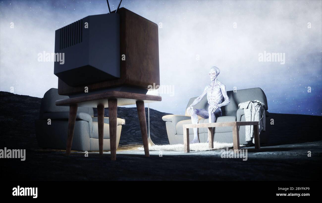 funny alien watching TV on the sofa on the moon. Living on the moon ...