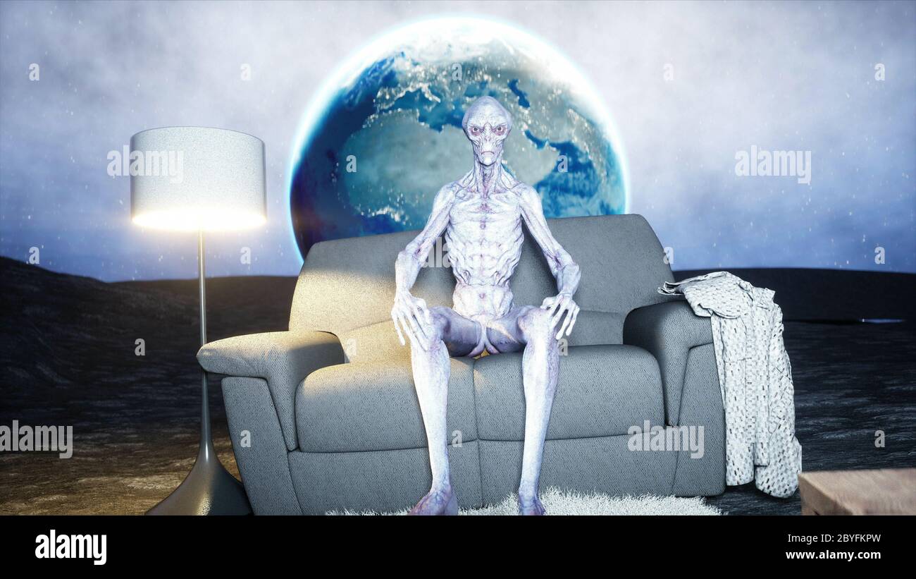 funny alien watching TV on the sofa on the moon. Living on the moon ...