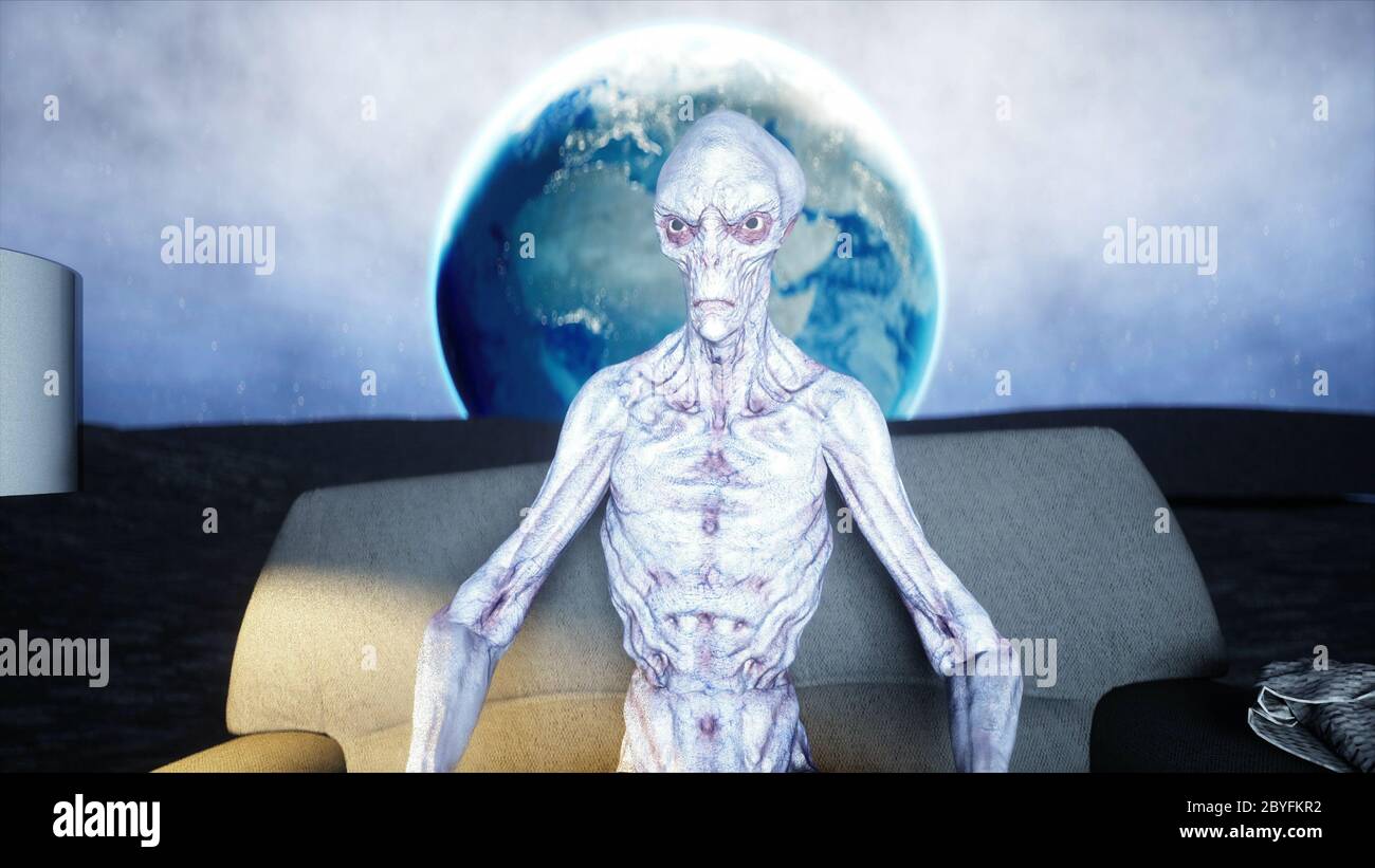 funny alien watching TV on the sofa on the moon. Living on the moon ...