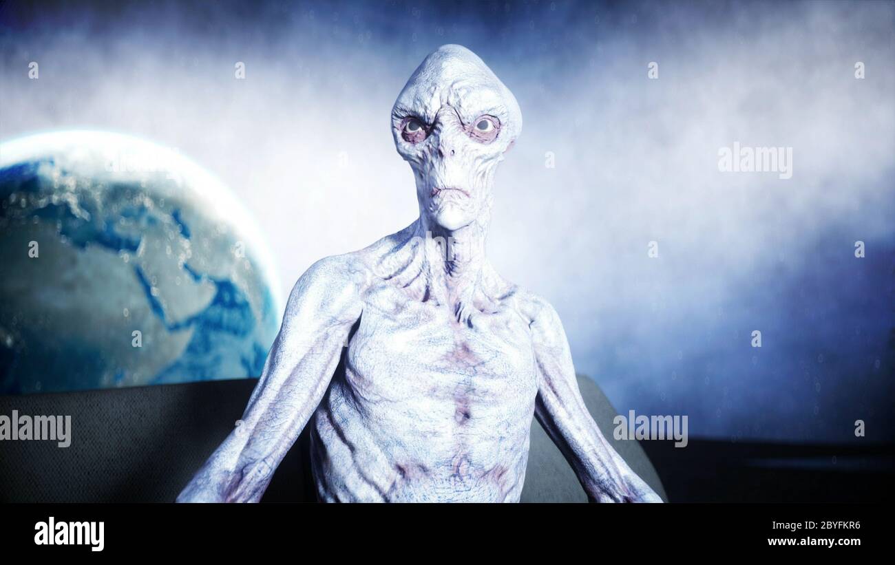 funny alien watching TV on the sofa on the moon. Living on the moon ...