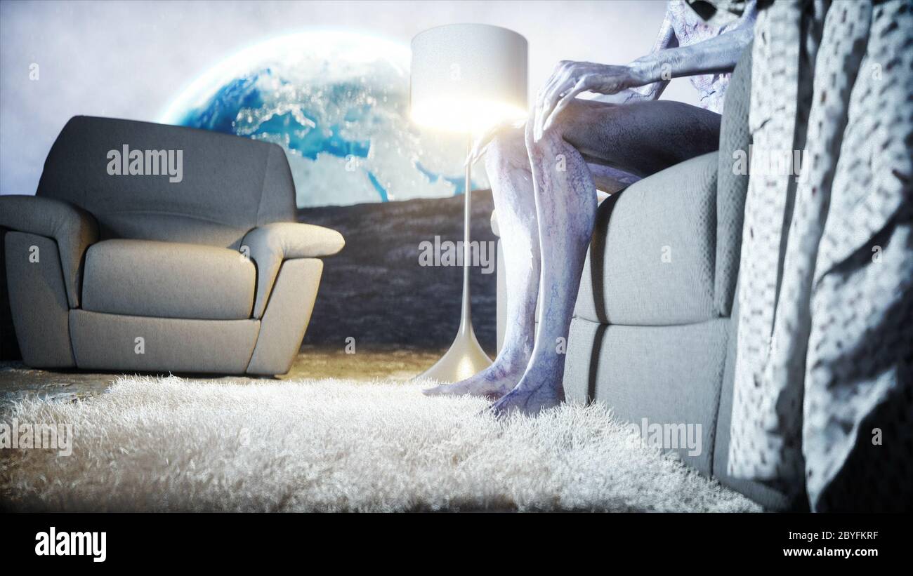 funny alien watching TV on the sofa on the moon. Living on the moon ...