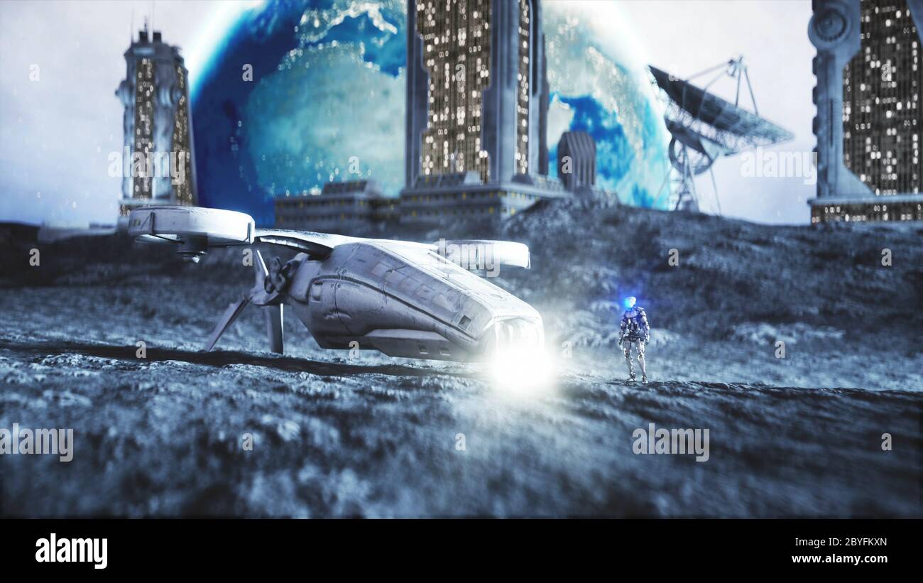 Military space ship fly on moon. Moon colony. Earth backround. 3d ...