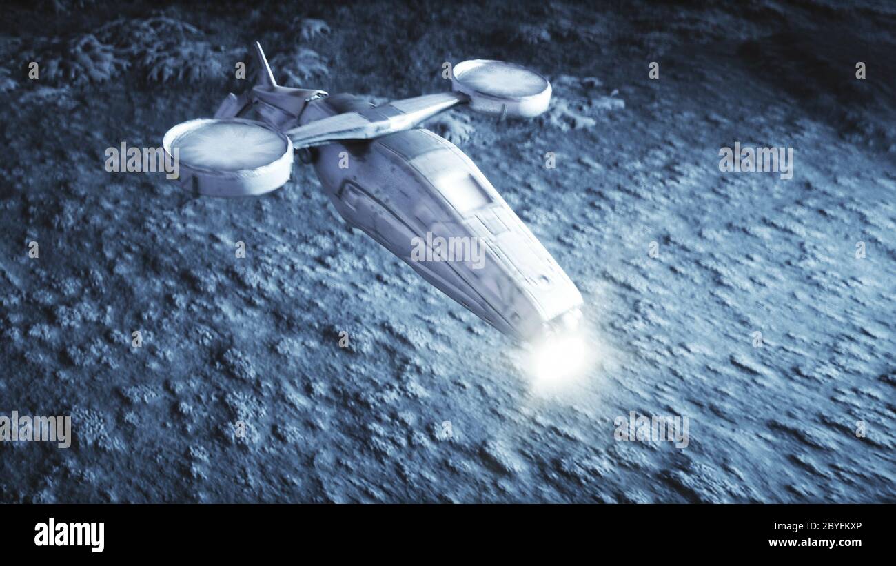 Military space ship fly on moon. Moon colony. Earth backround. 3d ...