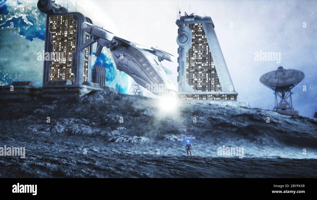 Military space ship fly on moon. Moon colony. Earth backround. 3d ...