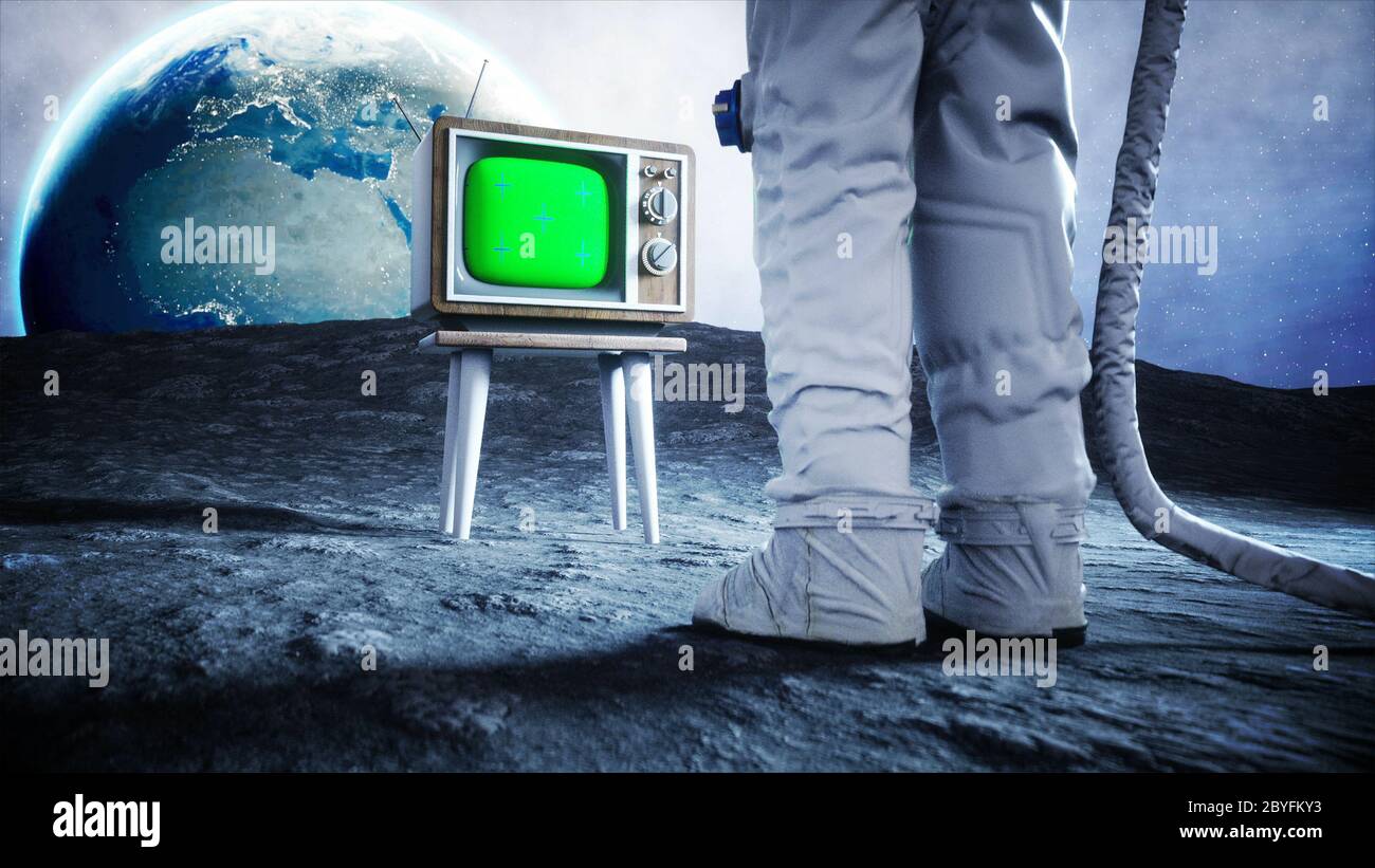 alone astronaut on the moon watch old TV. Tracking your content. 3d ...