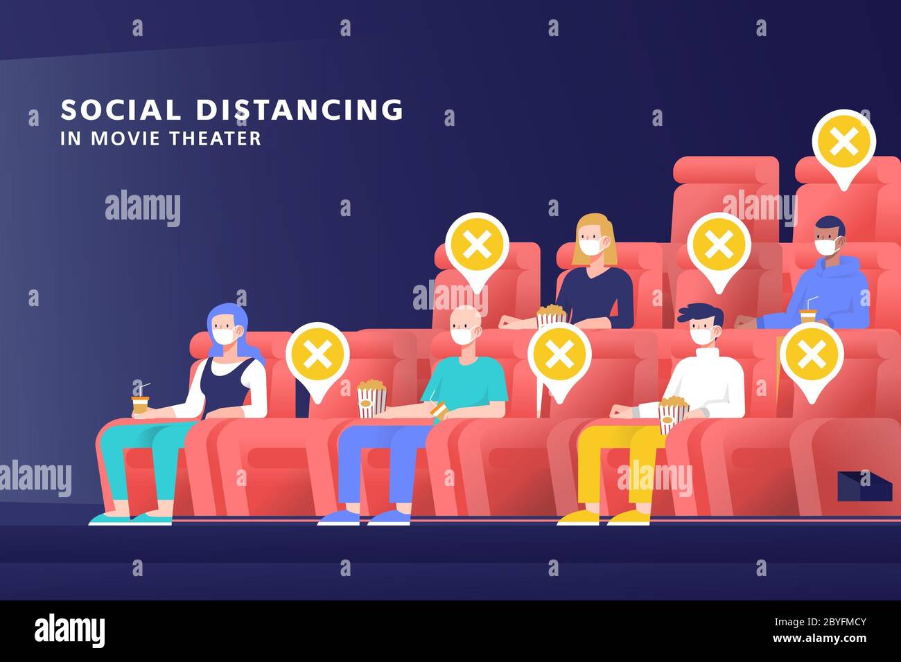 Illustration of people in a movie theater maintaining social distancing ...