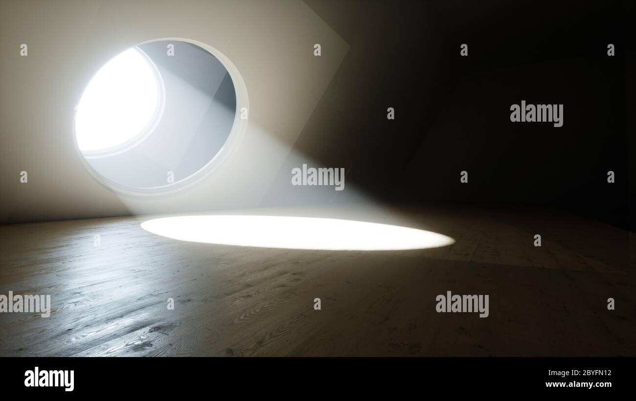 Futuristic room with round window. Volumetric light. Future concept. 3D ...
