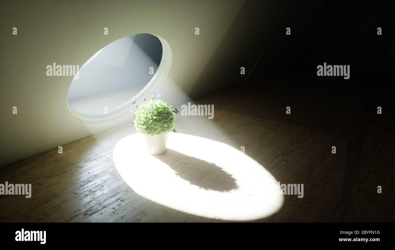 Futuristic room with flower pot and butterflyes around. Volumetric ...