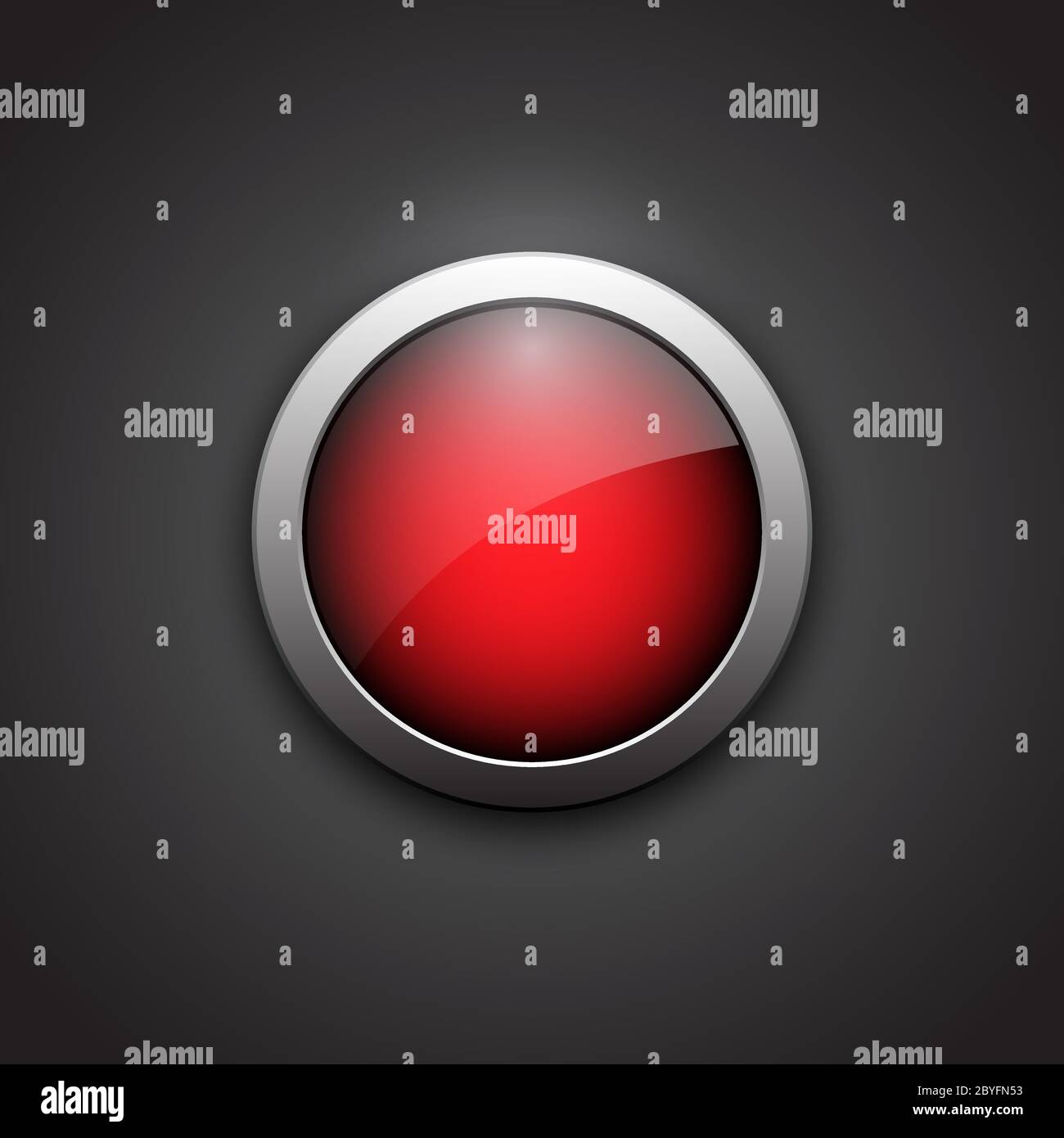 Red shiny button with metallic elements. Button with shadow, bla Stock ...