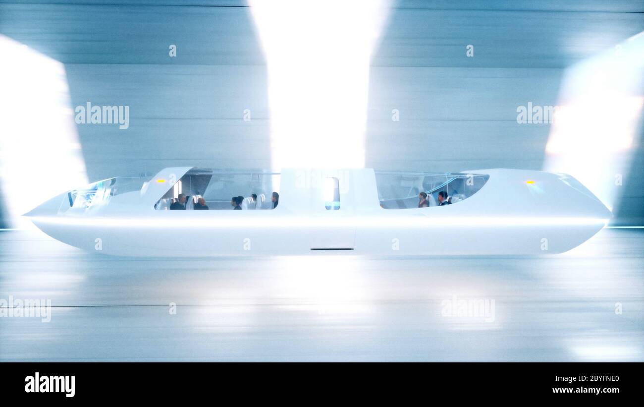 futuristic flying bus with peoples fast driving in sci fi tunnel ...