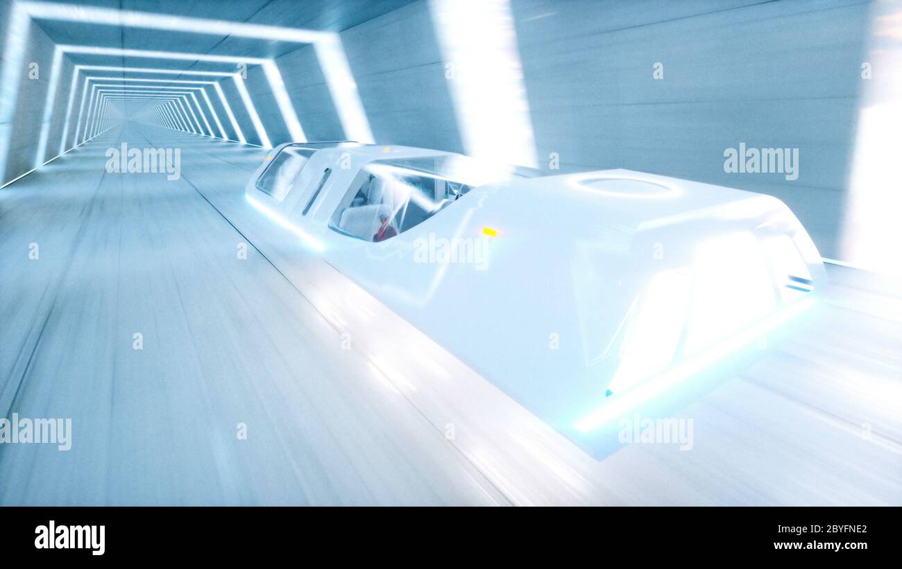 futuristic flying bus with peoples fast driving in sci fi tunnel ...