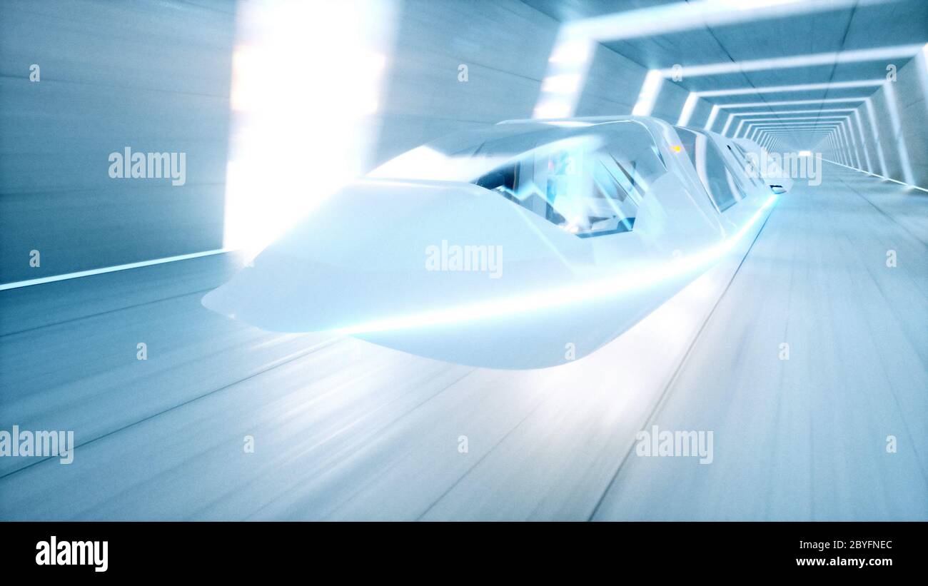 futuristic flying bus with peoples fast driving in sci fi tunnel ...