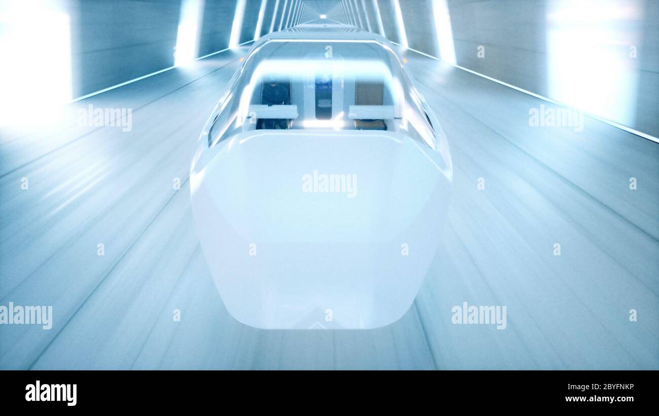futuristic flying bus with peoples fast driving in sci fi tunnel ...