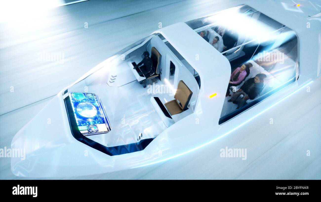 futuristic flying bus with peoples fast driving in sci fi tunnel ...