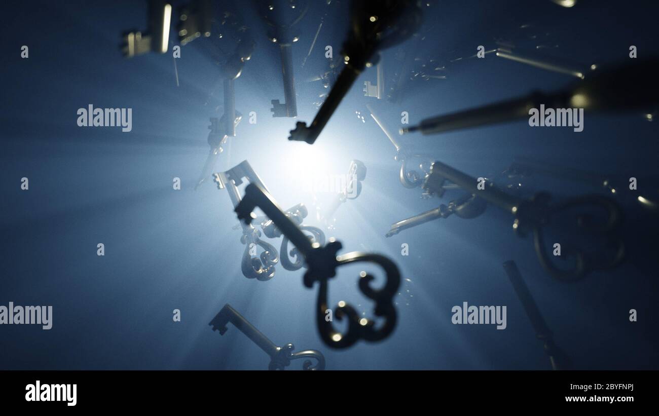 Retro vintage gold keys flying in dark. Volumetriclight, shine. Secret ...