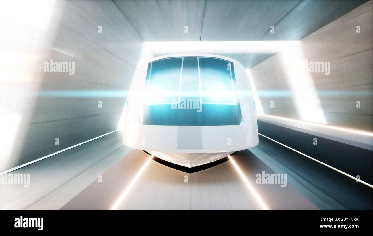 futuristic modern train, monorail fast driving in sci fi tunnel ...