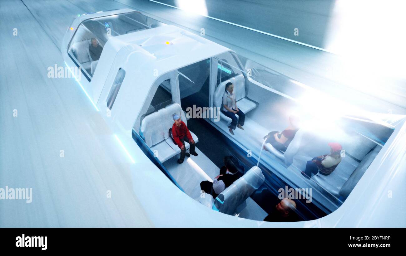 futuristic flying bus with peoples fast driving in sci fi tunnel ...