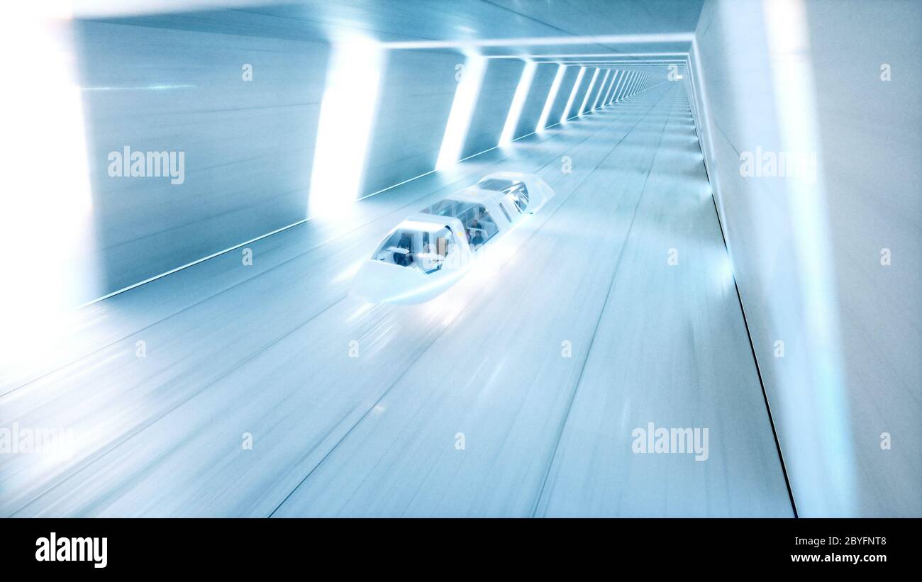 futuristic flying bus with peoples fast driving in sci fi tunnel ...