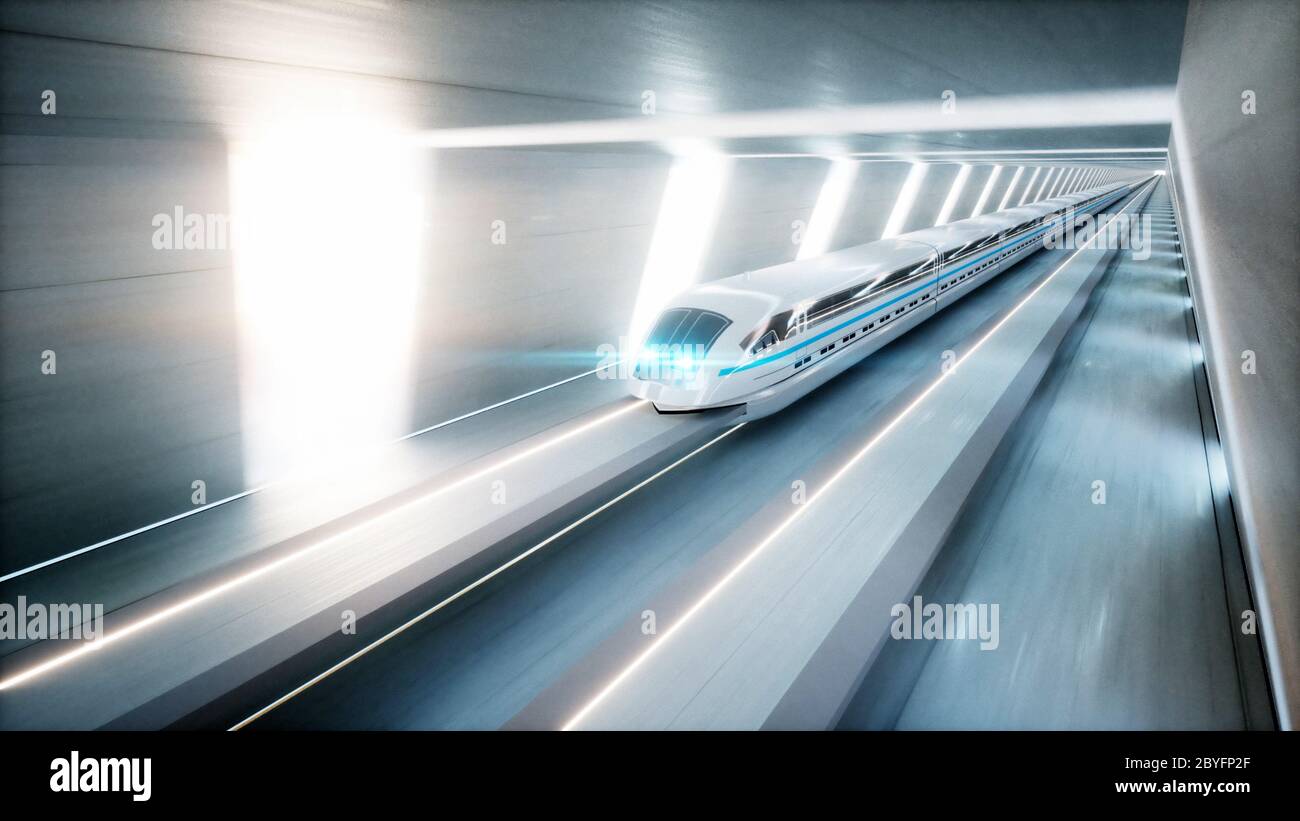 futuristic modern train, monorail fast driving in sci fi tunnel ...