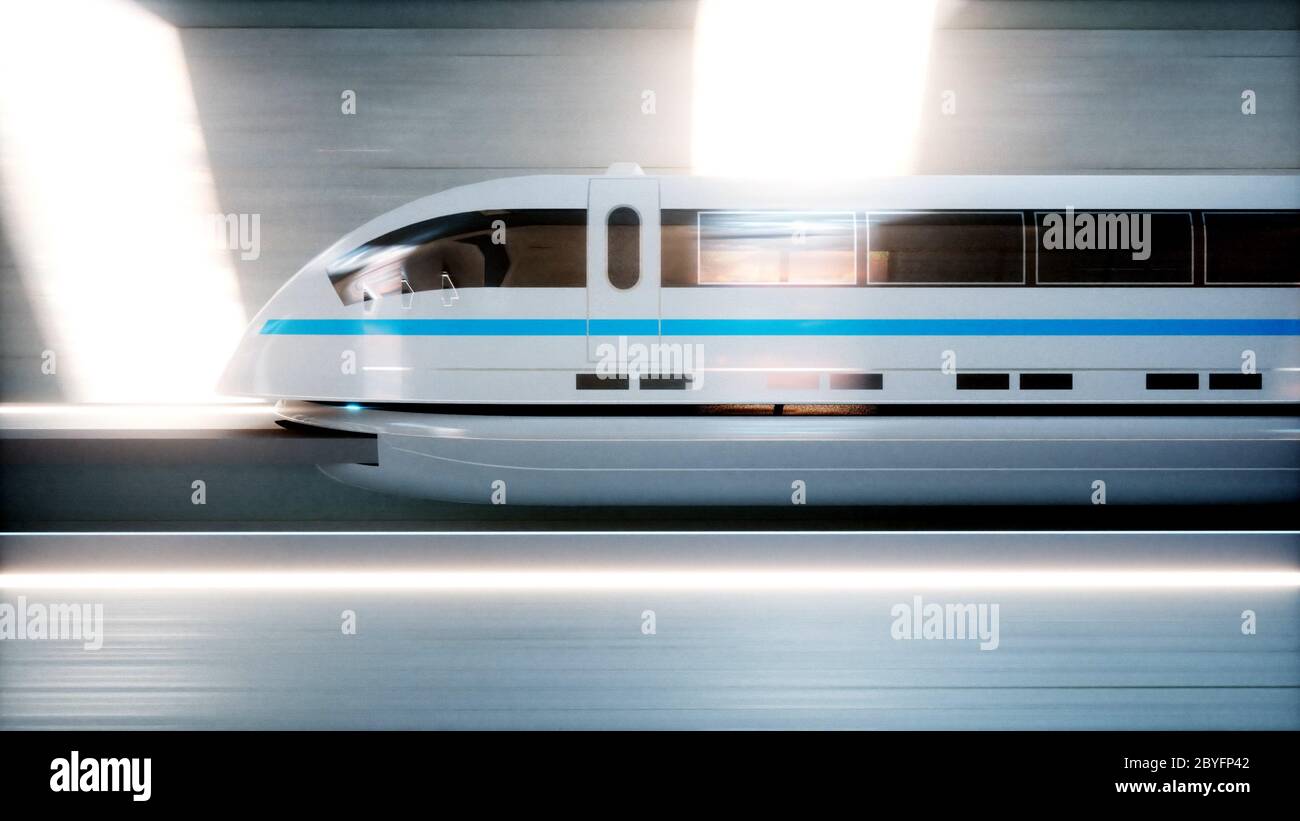 futuristic modern train, monorail fast driving in sci fi tunnel ...