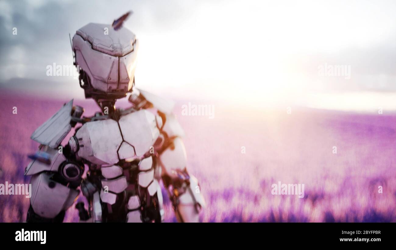 Military robot, cyborg with gun in lavender field. concept of the ...