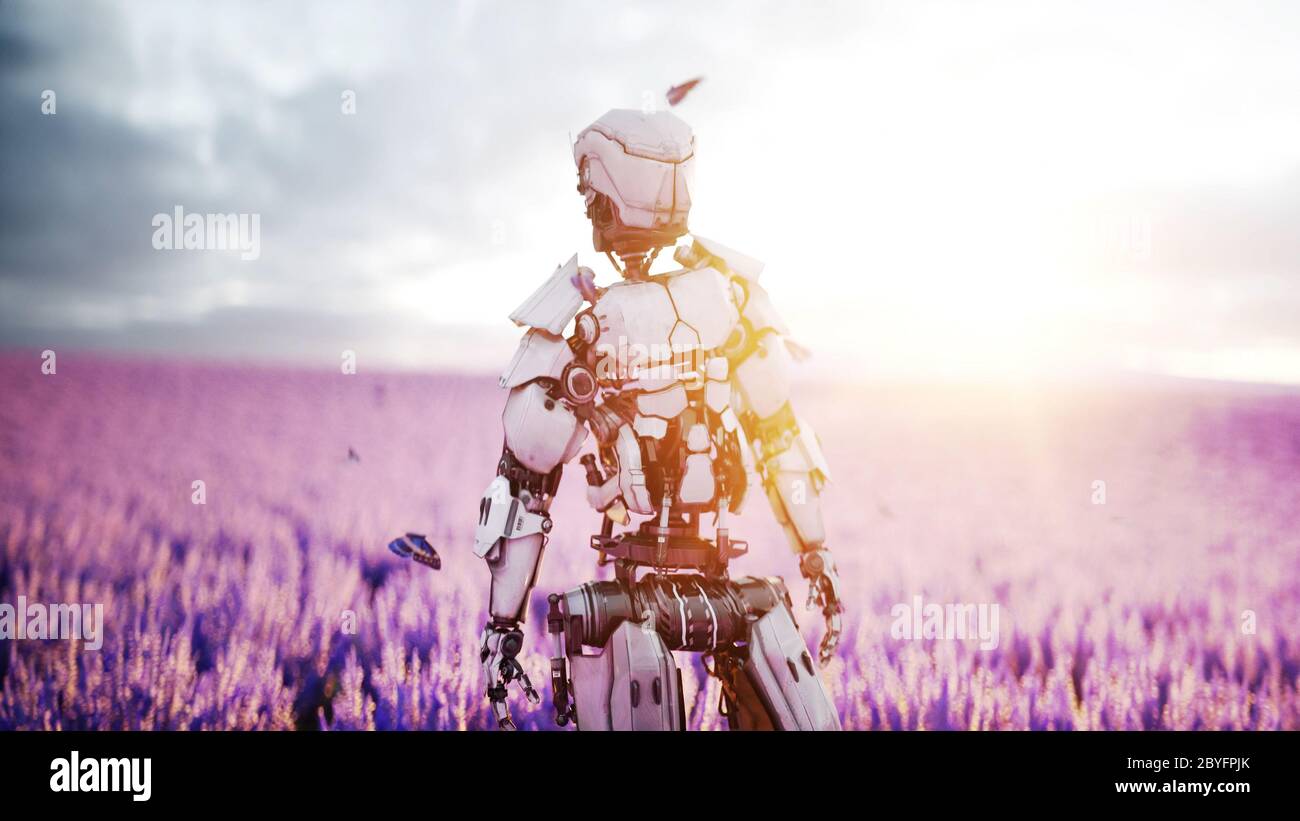 Military robot, cyborg with gun in lavender field. concept of the ...