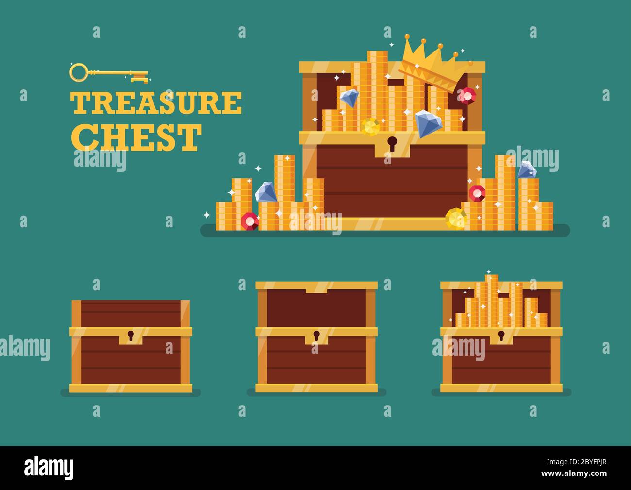 Open chest with gold collection set. Vector illustration Stock Vector ...