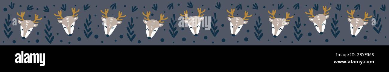 Long web banner with cute deer faces. Social media cover image. Flat ...