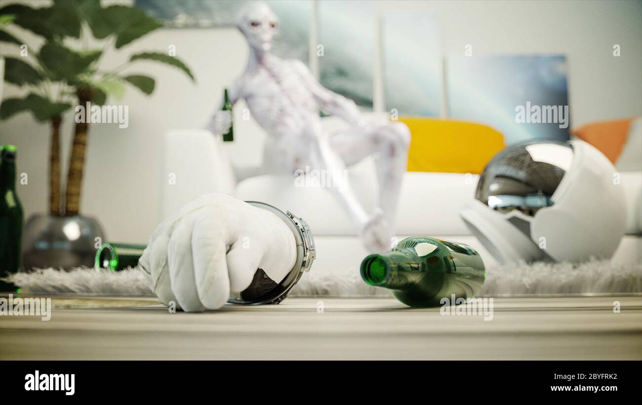Funny alien with beer sit on sofa. Relax. Alien concept. 3d rendering ...