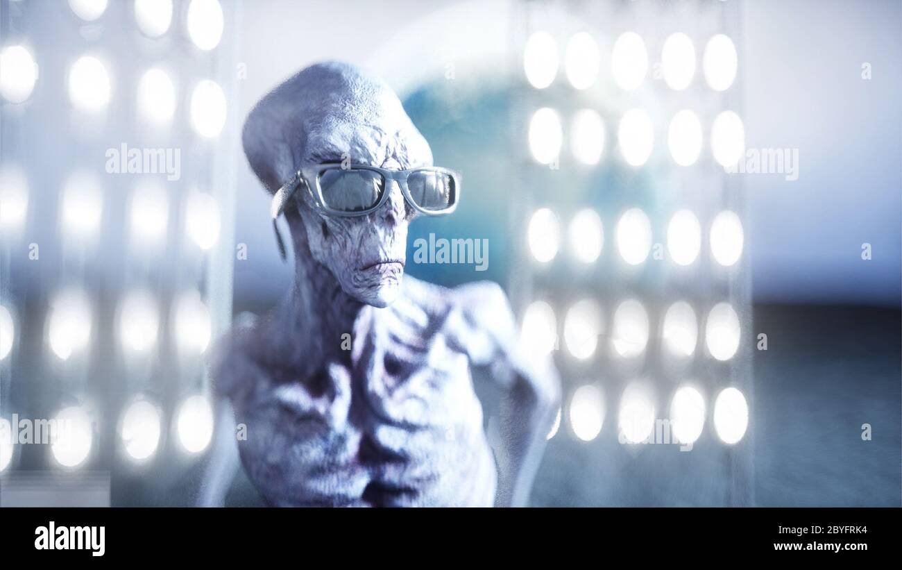 funny aliens dancing on the moon. UFO concept. Earth on background ...