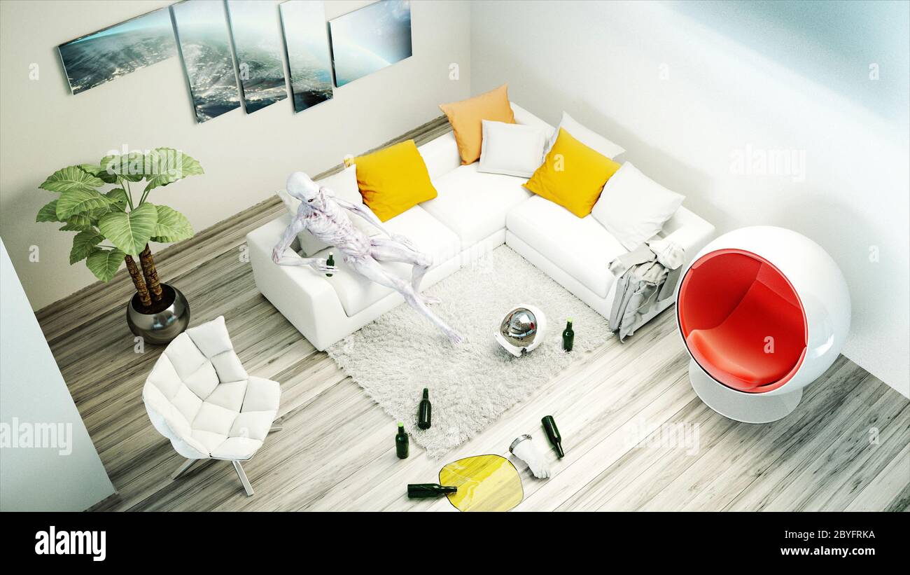 Funny alien with beer sit on sofa. Relax. Alien concept. 3d rendering ...