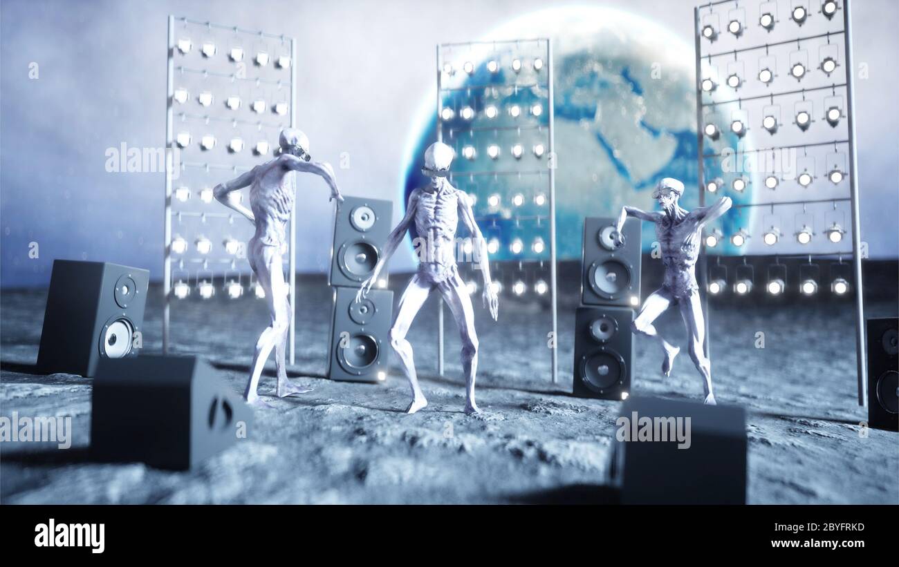 funny aliens dancing on the moon. UFO concept. Earth on background ...