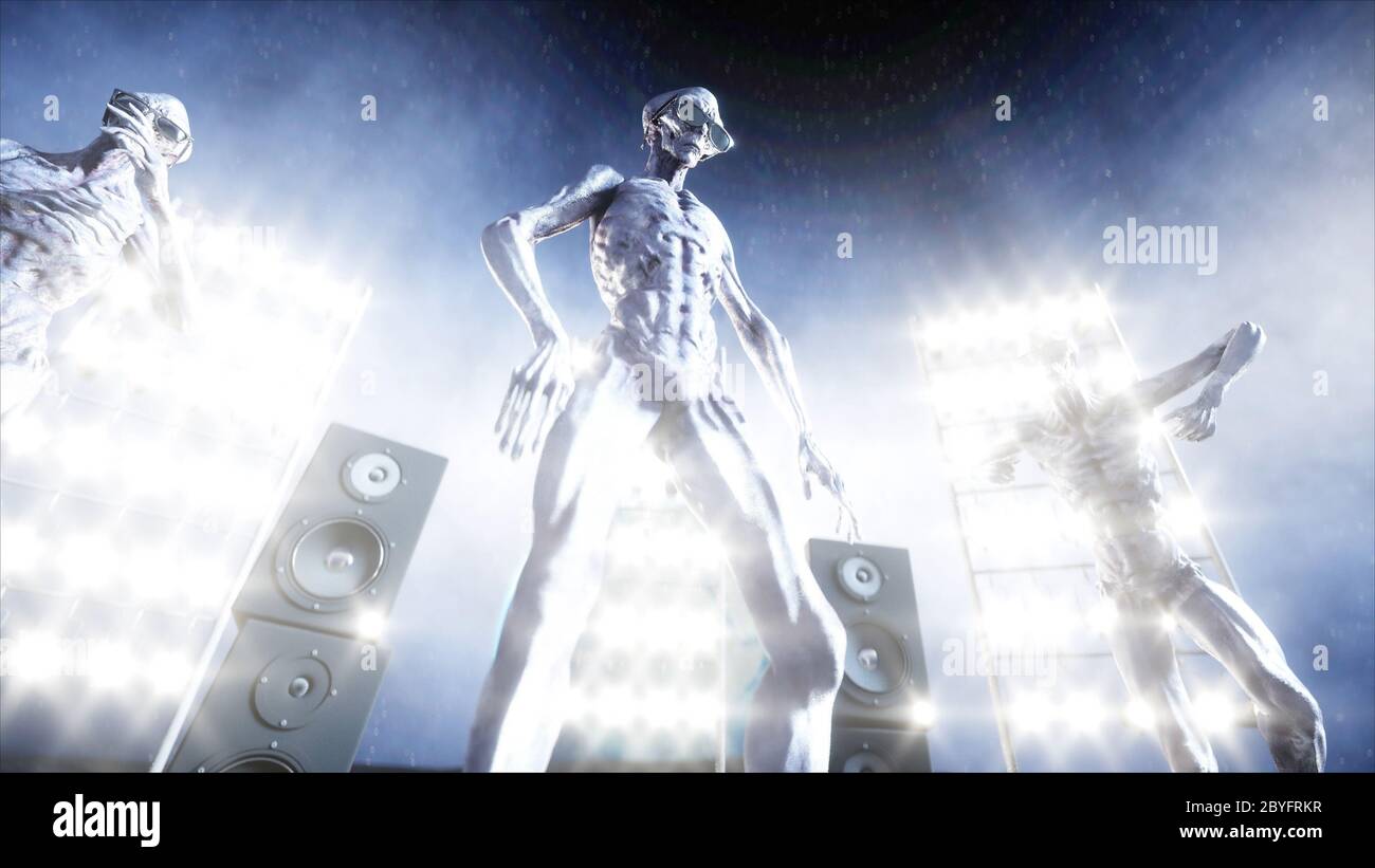 funny aliens dancing on the moon. UFO concept. Earth on background ...