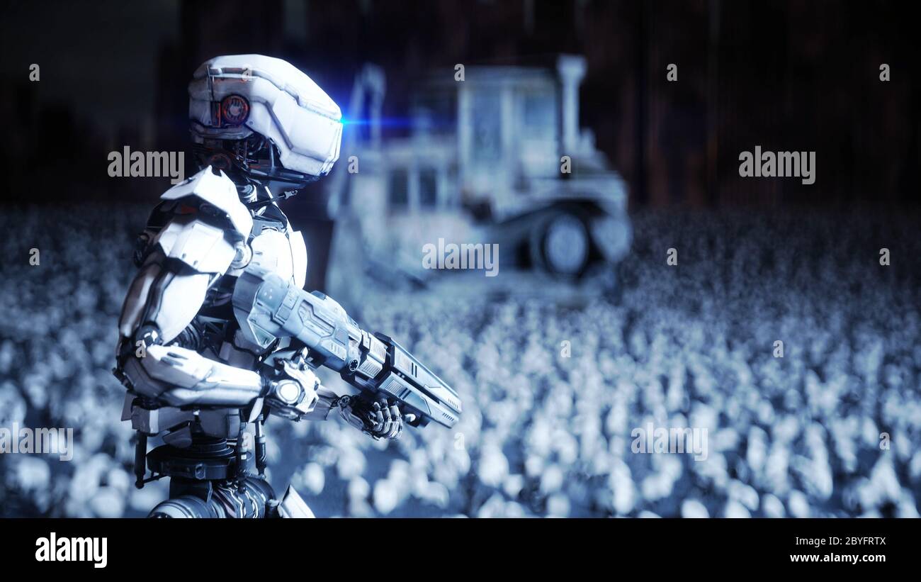 military robot and skulls of people. Dramatic apocalypse super ...