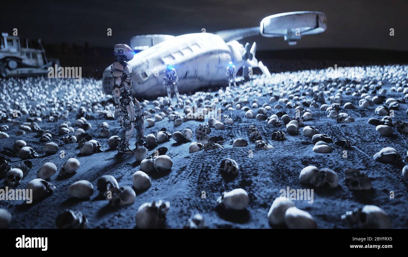military robot and skulls of people. Dramatic apocalypse super ...