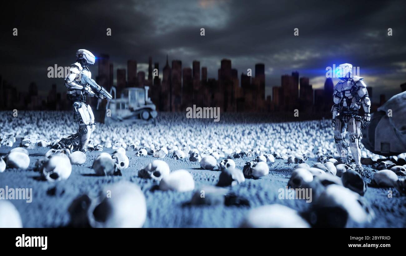 military robot and skulls of people. Dramatic apocalypse super ...