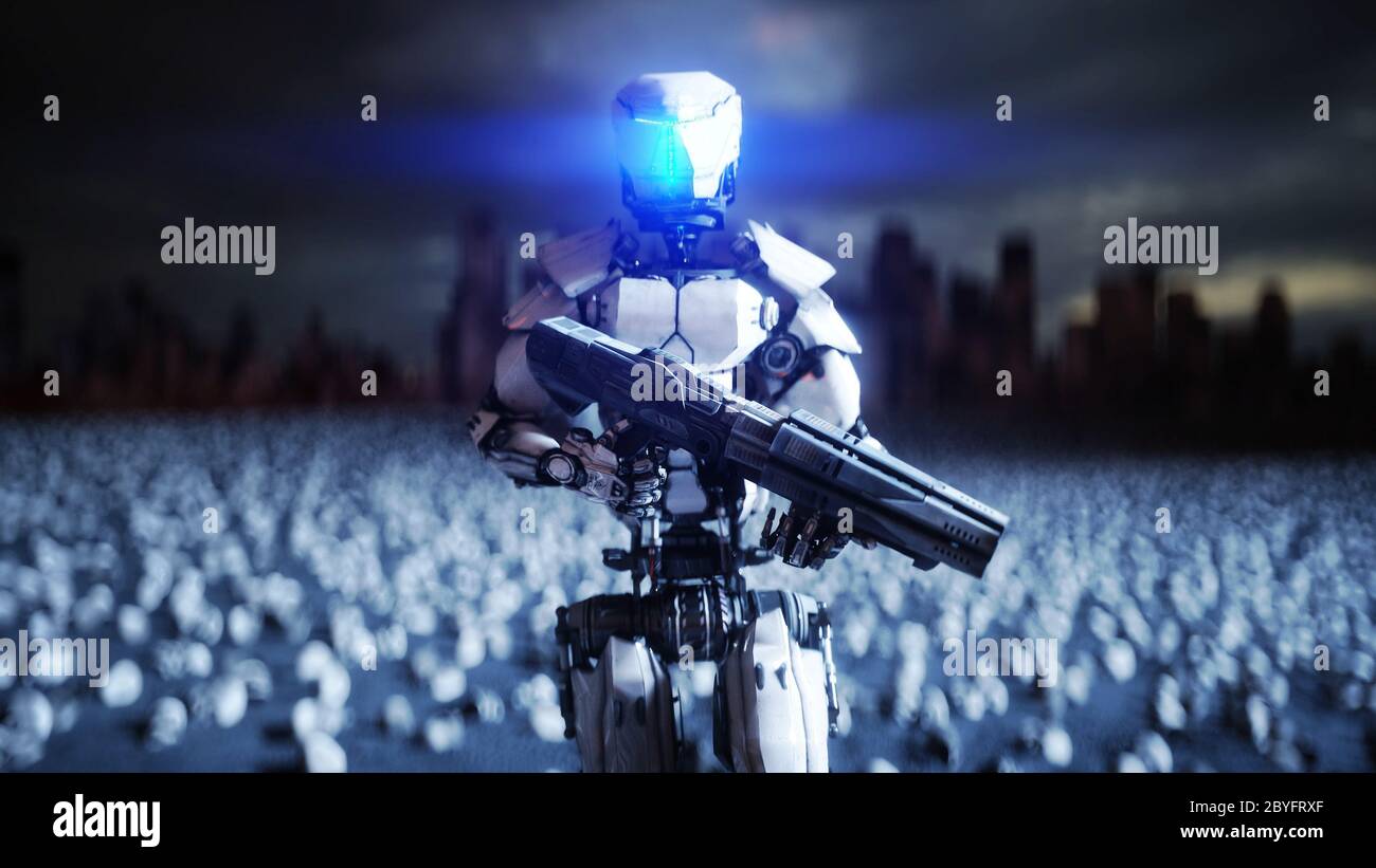 military robot and skulls of people. Dramatic apocalypse super ...