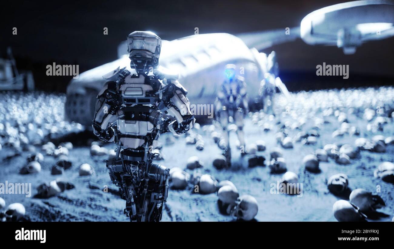military robot and skulls of people. Dramatic apocalypse super ...