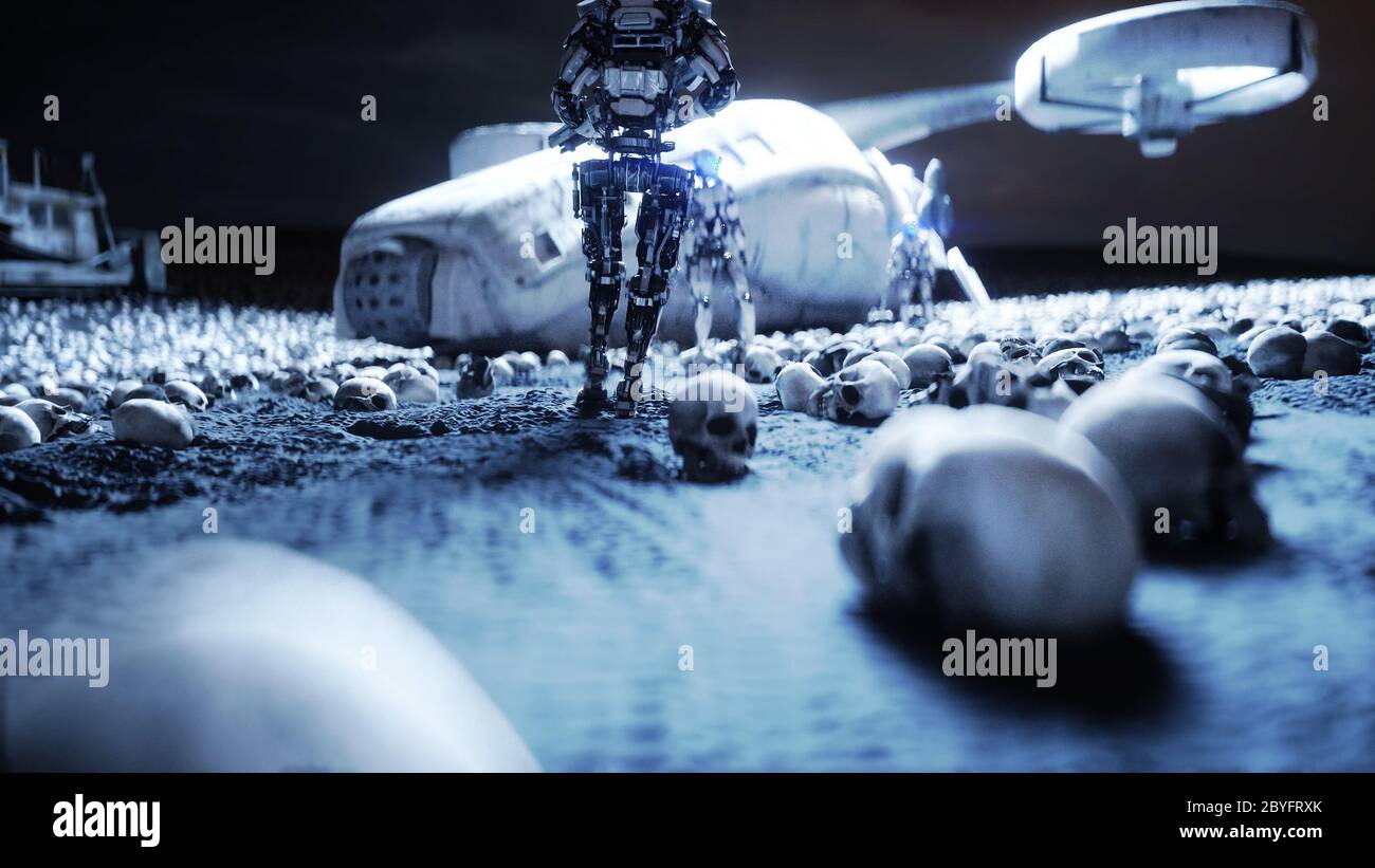 military robot and skulls of people. Dramatic apocalypse super ...