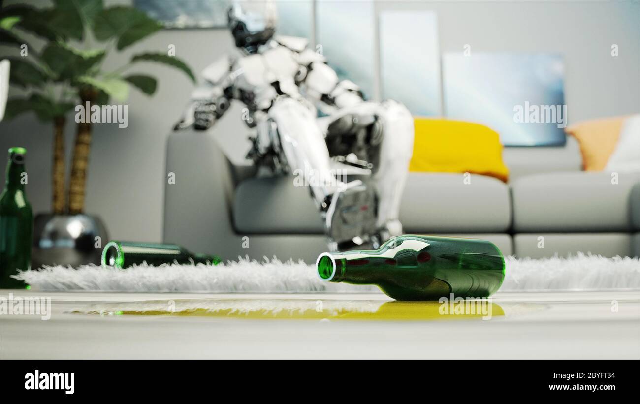 Robot sit on sofa. Relax. Concept of future. 3d rendering Stock Photo ...