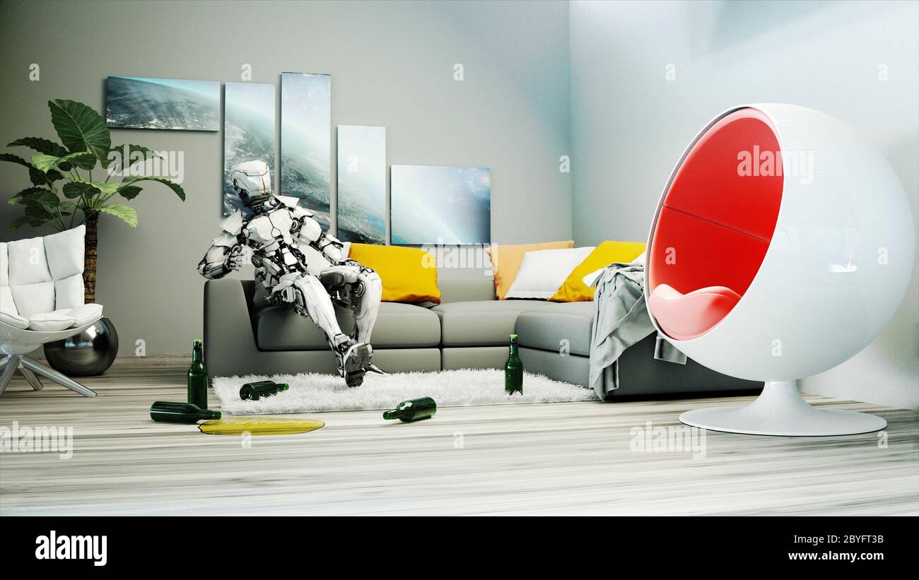 Robot sit on sofa. Relax. Concept of future. 3d rendering Stock Photo ...