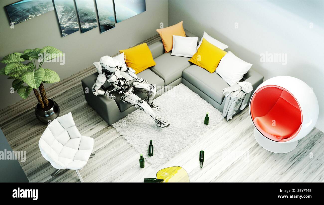 Robot sit on sofa. Relax. Concept of future. 3d rendering Stock Photo ... Robot sit on sofa. Relax. Concept of future. 3d rendering Stock Photo ...